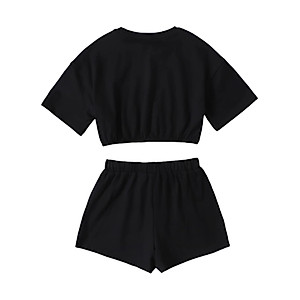 SHENHE Girl's Short Sleeve Letter Graphic 2Pcs Crop Top and Track Shorts Set Black 9Y