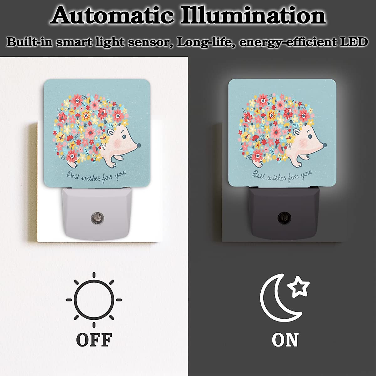 Cute Hedgehog Plug in Night Light Set of 2, Rainbow Animal Hedgehog LED Nightlights Auto Dusk to Dawn Sensor, Nightlight Lamp for Kids Rroom Bedroom Bathroom Kitchen Hallway Nursery Stairs Home Decor