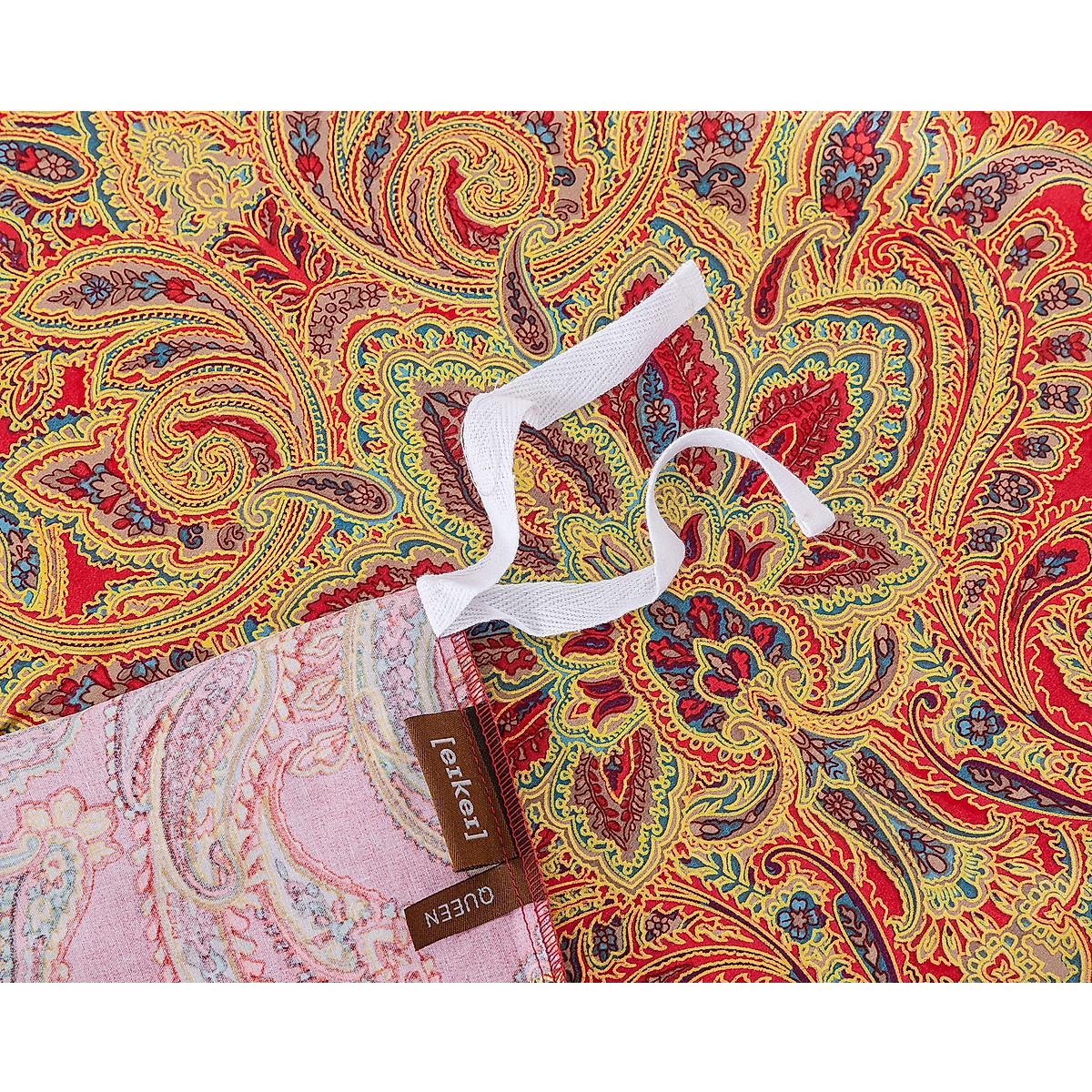 Classical Paisley Duvet Cover 3pc Set Bohemian Bedding Boteh Damask Medallion 400TC Egyptian Cotton Sateen Luxury European Traditional Style Bed Linen (Red Gold, King)