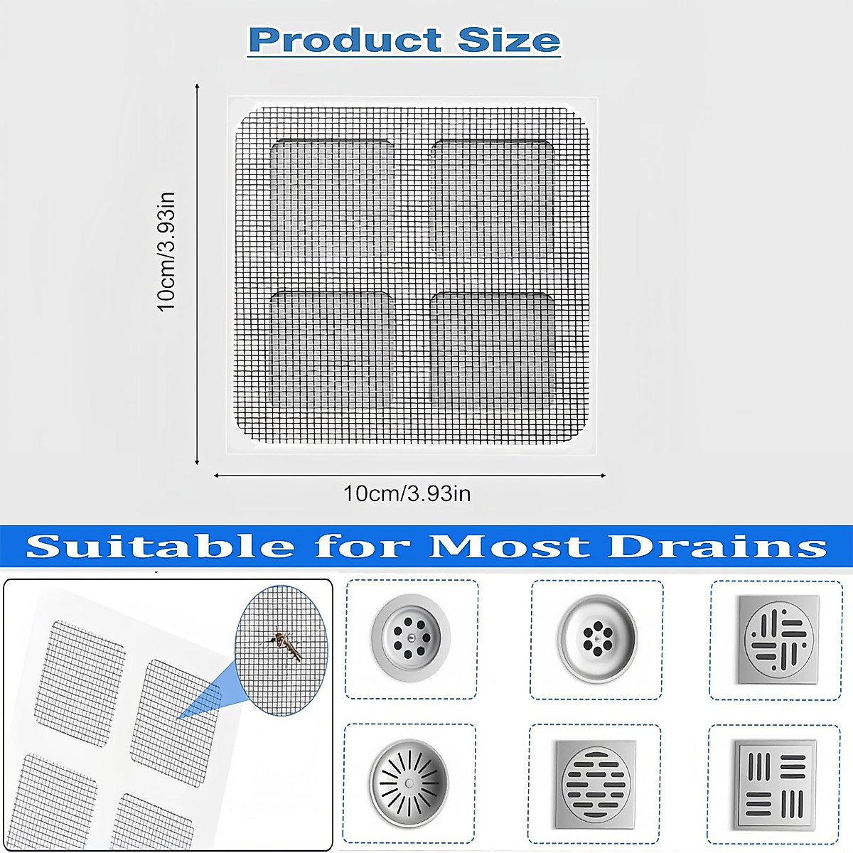 30 Pcs Floor Drain Stickers, 4" X 4" Disposable Shower Floor Drain Cover, Shower Drain Hair Catcher Mesh Stickers for Kitchen Sink, Bathroom, Laundry