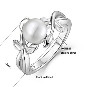 STARCHENIE Pearl Rings with Leaf Cubic Zirconia Wedding Engagement Ring for Women Sterling Silver,Twisted Promise Ring for Her size9