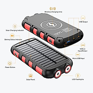 Fwnyha Solar Power Bank 36800mAh Portable Charger 12V/9V/5V 18W USB-C Fast Charging,15W Wireless Output, IP66 Waterproof External Battery Pack Compatible with iPhone 12,13,Mac,Samsung Galaxy,Tablet