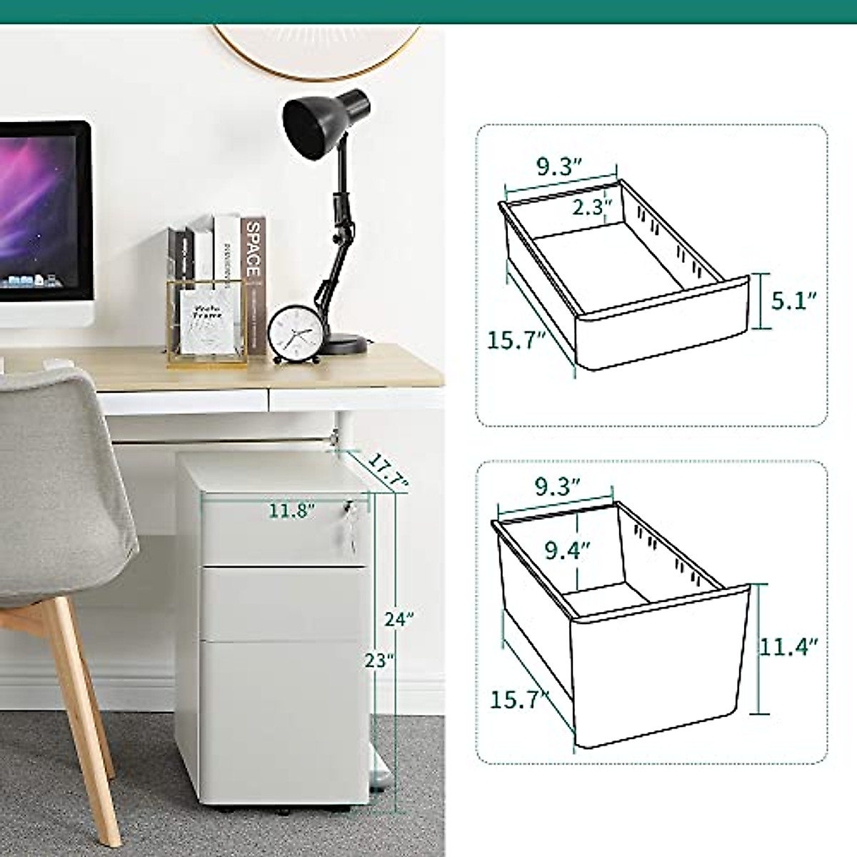 YITAHOME 3-Drawer Metal Filing Cabinet Office Drawers with Keys, Compact Slim Portable File Cabinet, Pre-Built Office Storage Cabinet for A4/Letter/Legal (Gray and White)