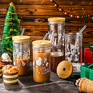 Zhehao 6 Pack Christmas Glass Cups 24 oz Christmas Mason Jars with Lids and Straws Christmas Tumbler Drinking Glasses Beer Can Shaped Coffee Cups for Wine Tea Water Xmas Decorations Gift