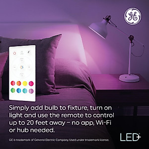 GE LED+ Color Changing Light Bulbs, 18 Colors & 5 Light Modes, No App or Wi-Fi Required, Remote Included, A19 Light Bulb (1 Pack)