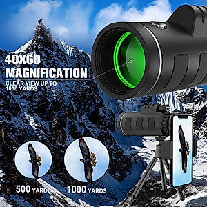 JiaSifu 40x60 High Definition Monocular Telescope with Smartphone Adapter, BAK4 Prism FMC Monocular with Clear Low Light Vision for Wildlife Hunting Camping Travelling（LD006-00A-39）