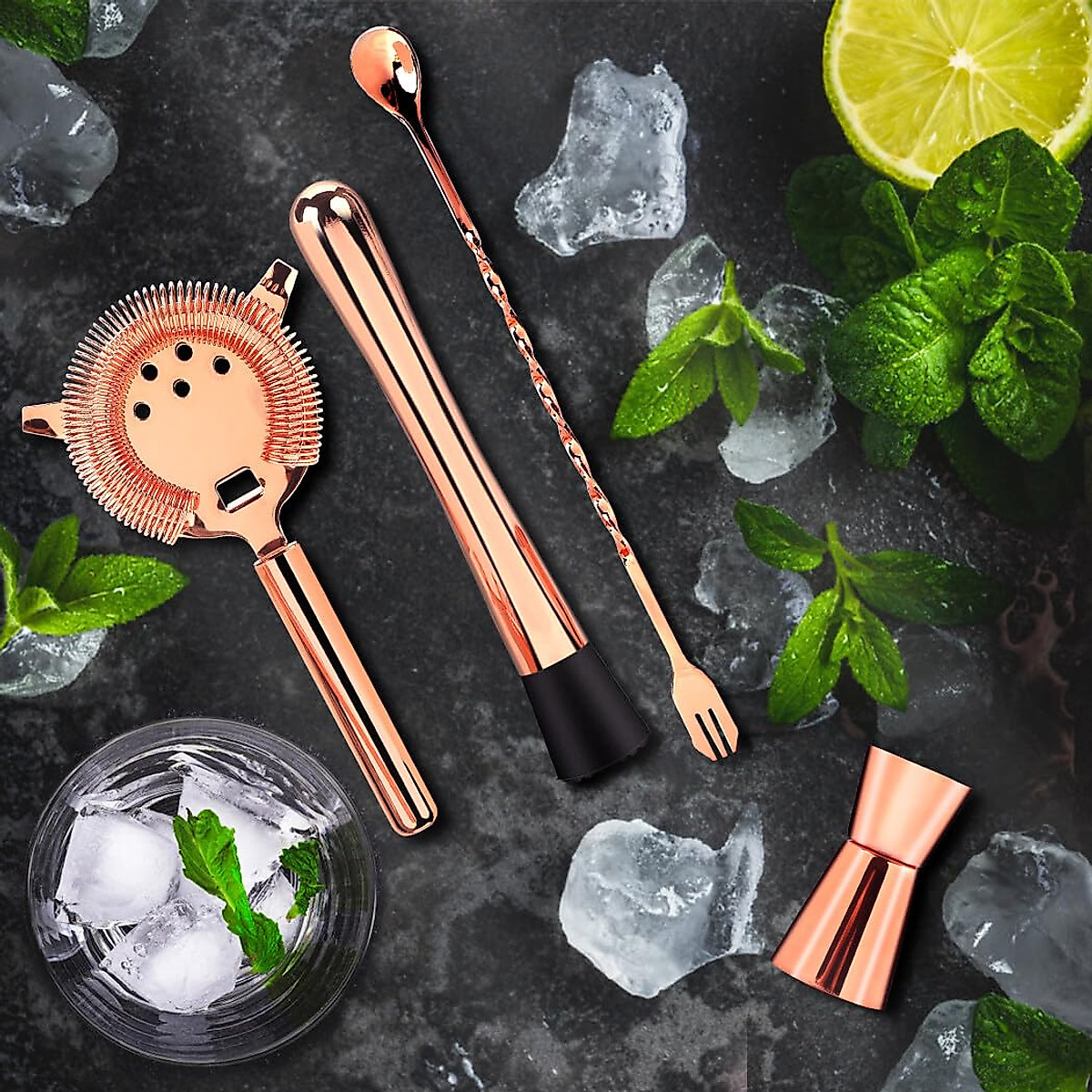 Cocktail Tools, JUSTDOLIFE Stainless Rose Gold Mixing Spoon Double Jigger with Cocktail Ice Muddler and Cocktail Bar Strainer for Home Bar Cocktail Drinks