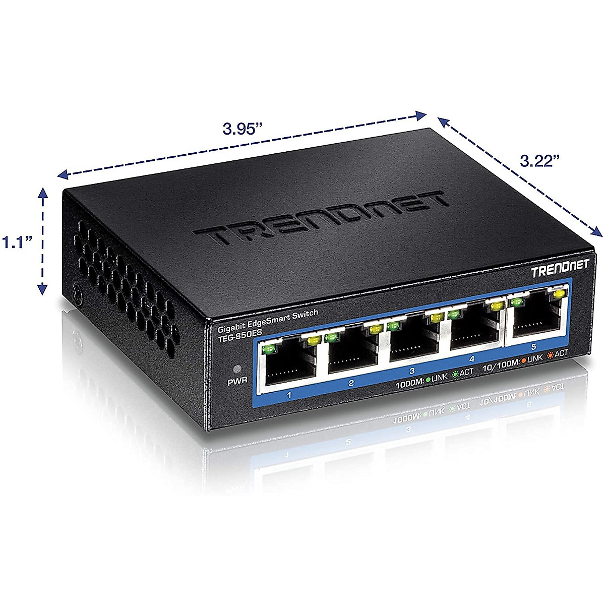 TRENDnet 5-Port Gigabit EdgeSmart Switch, TEG-S50ES, 5 x Gigabit Ports, 10Gbps Switch Capacity, Ethernet Splitter, Managed Smart Gigabit Switch, Metal, Fanless, Lifetime Protection, Black