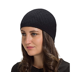 100% Natural Cotton Beanie Skull Cap | Lightweight Single Layer Crochet Cooling Sleep Chemo Caps | Zigzag and Ribbed Patterns (Ribbed - Black)