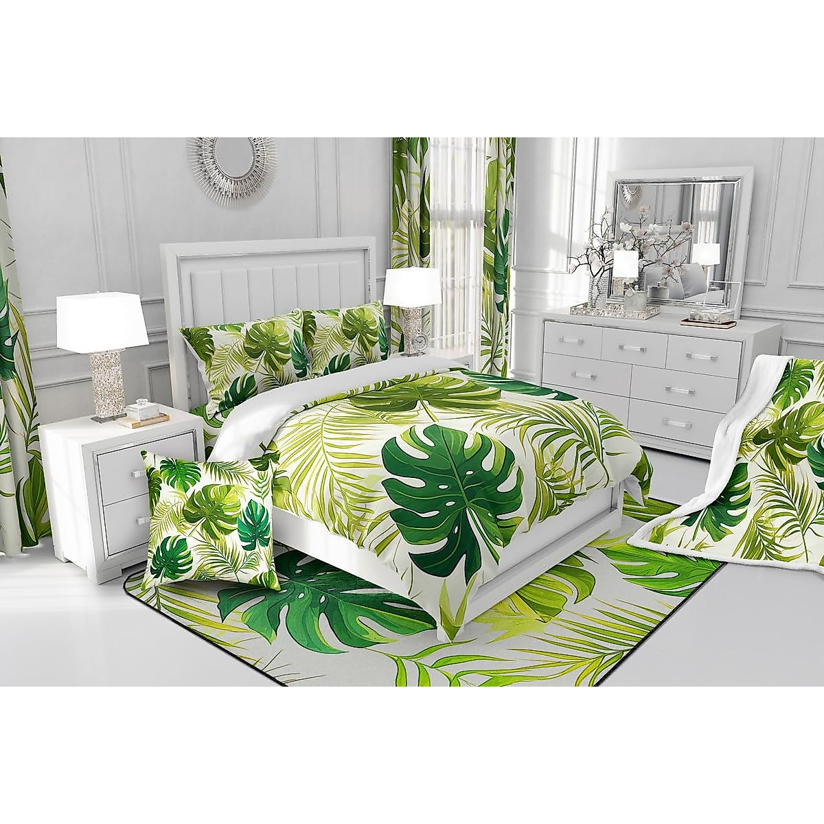 Erosebridal Botanical Leaves Comforter Cover Tropical Bedding Tree Duvet Cover Set Queen Size Green Palm Leaves Bedclothes Jungle Branches Leaf Duvet Cover+ 2 Pillow Shams for Kids Adult Room Decor