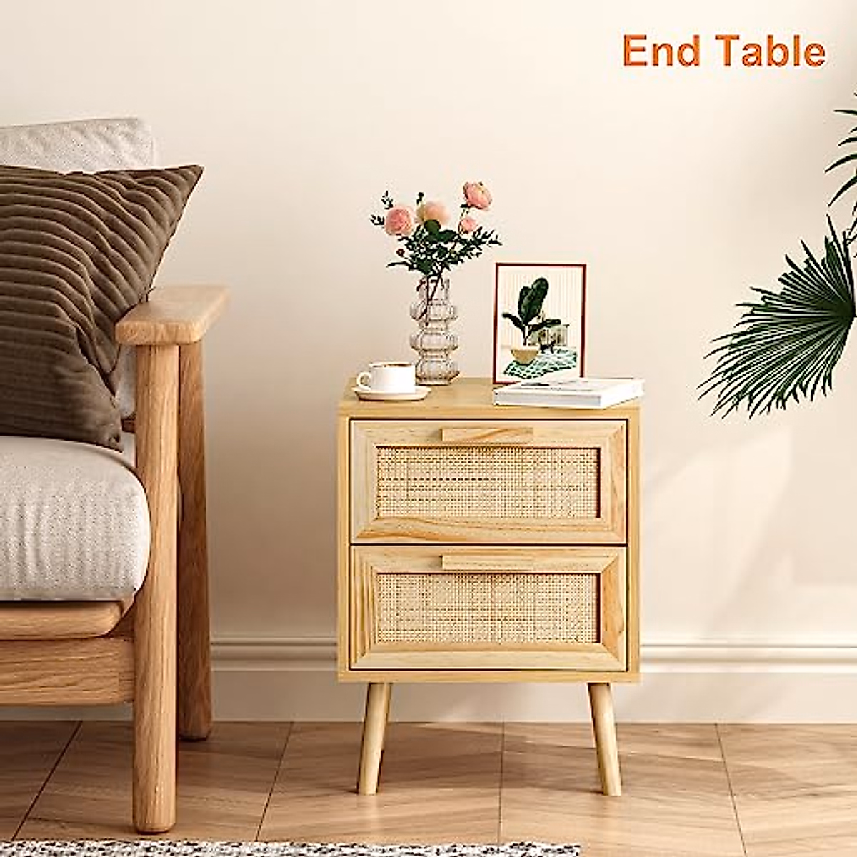 Koifuxii Bedside Tables with 2 Hand-Woven Natural Rattan Drawers - 2 Drawer Nightstands - Boho Bedroom Side Tables with Storage, Wood Night Stand