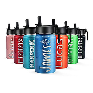 Personalized Kids Water Bottle with Straw Lid on Baby Blue Glitter for School Engraved Custom Children Name 12 oz Modern Insulated Stainless Steel Steel