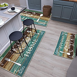 Vaukki Boho Kitchen Rug Sets 3 Pieces, Washable Kitchen Mats for Floor, Non Slip Soft Kitchen Area Rug Floor Mat for Kitchen, Laundry Room and Hallway (Teal, 20''x32''+20''x47''+20''x59'')