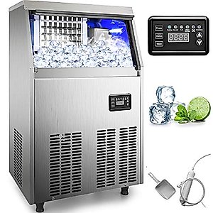 VEVOR 110V Commercial Ice Maker 90-100LBS/24H with 33LBS Bin Full Heavy Duty Stainless Steel Construction, Automatic Operation, Clear Cube for Home Bar, Include Water Filter, Scoop, Connection Hose