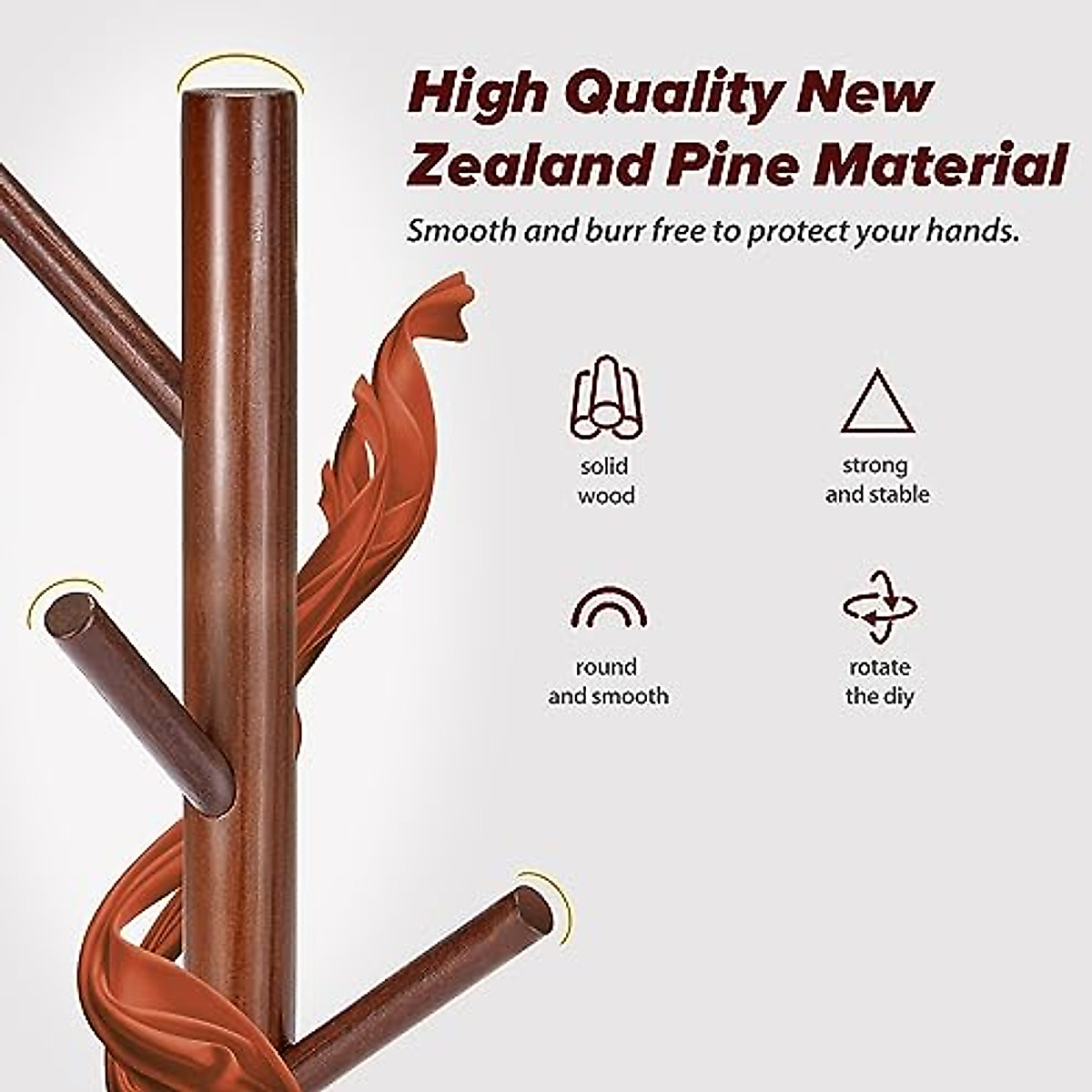 Azaeahom Coat Rack Freestanding with 8 Hooks 3 Adjustable Height Coat Racks Stand Clothing Hanger Stand Wooden Coat Tree Easy Assembly for Entryway, Bedroom, Hallway, Dormitory,Office Cherry