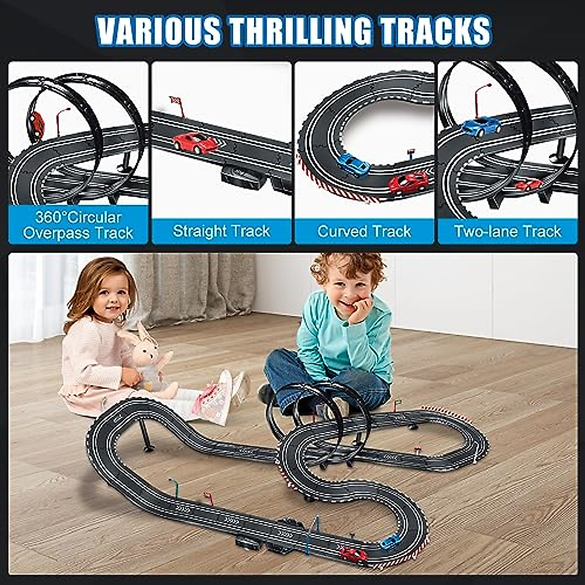 Losbenco Slot Car Race Track Sets, Battery or Electric Race Car Track with 2 High-Speed Slot Cars, 2 Electric Controller and 2 Manual Controller Circular Overpass Track, Gift for Kids Ages 6 7 8-12