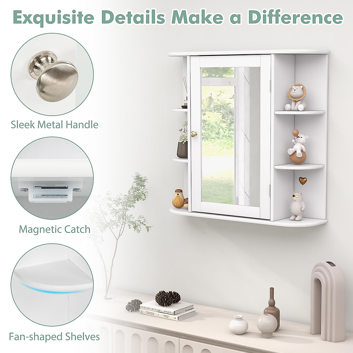 RELAX4LIFE Bathroom Wall Cabinet with Mirror - Medicine Cabinet w/Door, 6 Open Shelves & Adjustable Shelves, Over The Toilet Storage Cabinet Organizer, Mirrored Bathroom Cabinet Wall Mount (White)