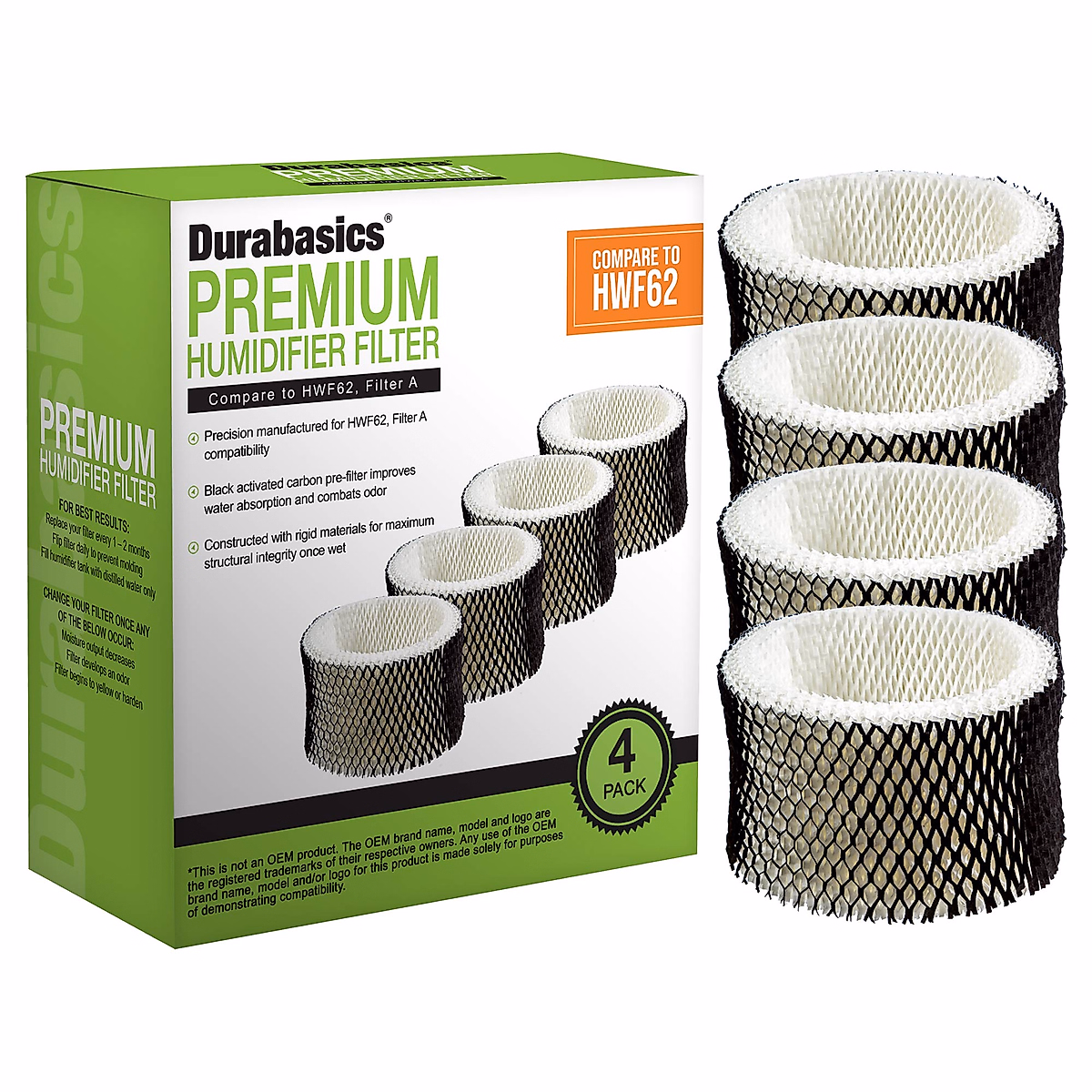 Durabasics 4 Pack Compatible Holmes HWF62 Humidifier Filter, Replacement for Holmes Humidifier Filter HWF62, Holmes A Filter Compatible, Compatible with Humidifier Filters Sunbeam Humidifier Filter A