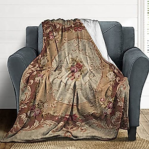 Antique Rose Floral French Aubusson Rug Flannel Fleece Throw Blankets 50"X40" Lightweight Fluffy Winter Fall Blanket Cozy Soft Fuzzy Plush Home Decor for Couch Bed Sofa Bedroom Living Room Travel