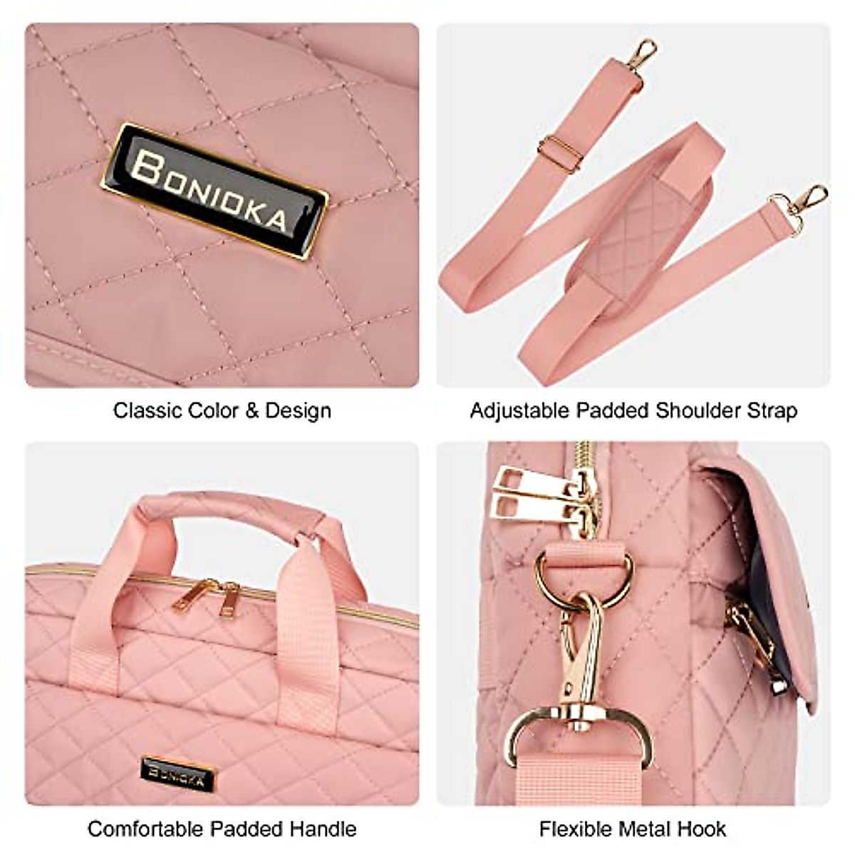 Bonioka 15.6 Inch Laptop Bag, Briefcase with Padded Shoulder Strap for Women Computer Bag Laptop Case for Work School Office Travel Bussiness Pink