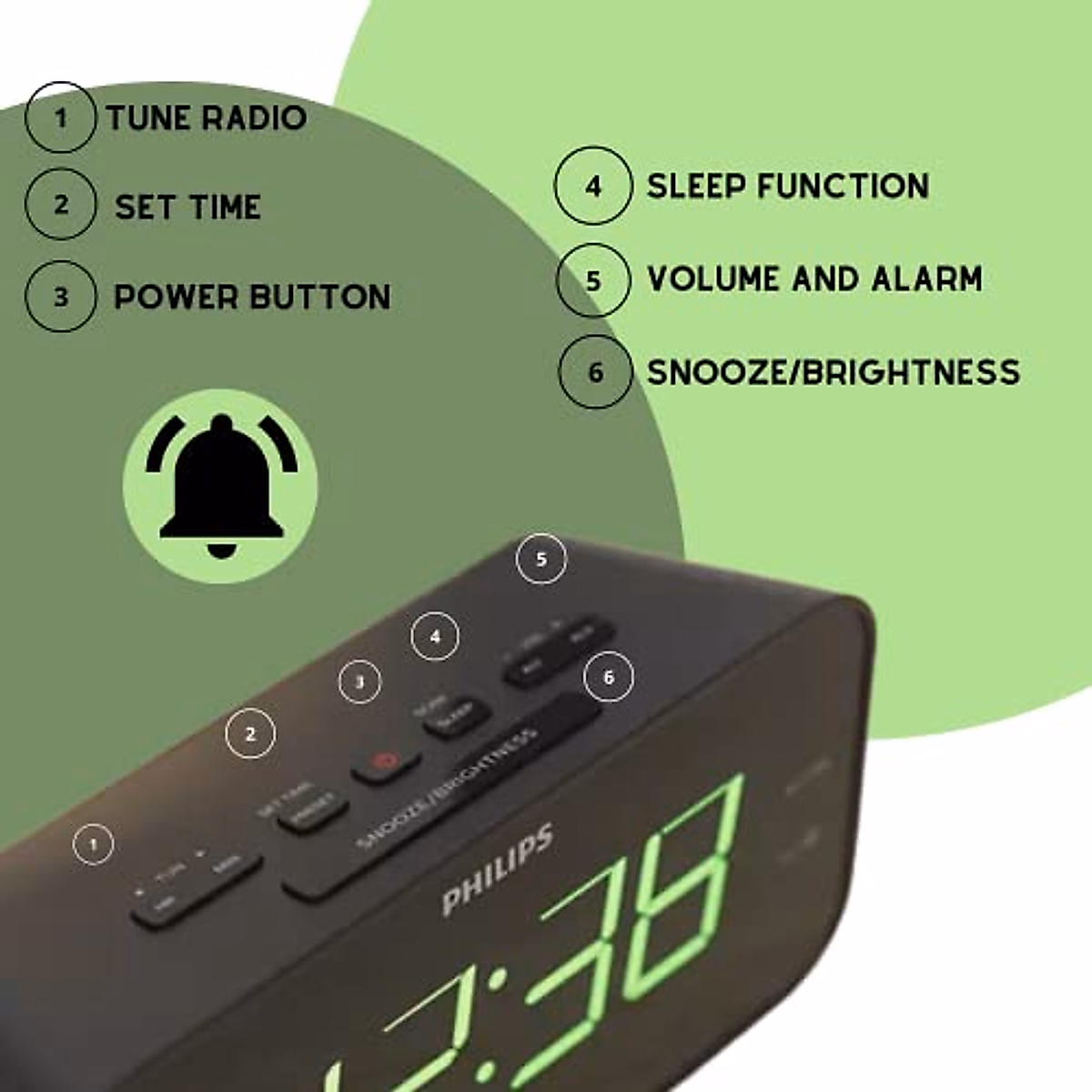 Philips Digital Alarm Clock Radio, FM Radio Alarm Clocks for Bedrooms, Dual Alarm Clock Radios for Bedroom with Battery Backup, Sleep Timer Function, Easy Snooze and Large LED Display - Black