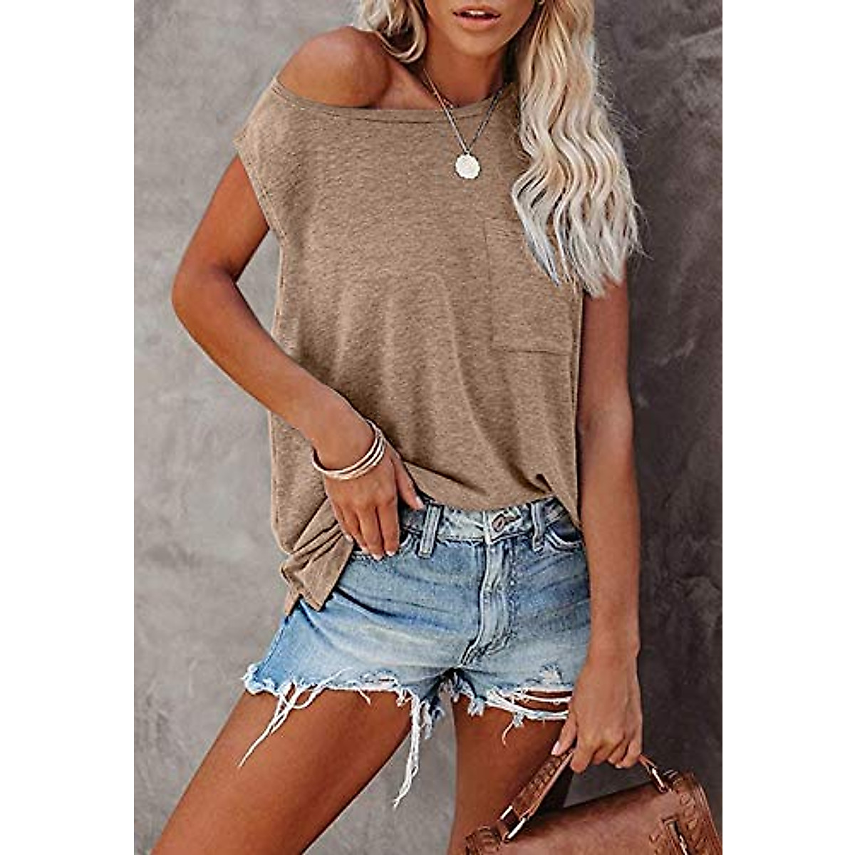 MIROL Women's Sleeveless Tank Tops Basic Loose Tunic T Shirts Batwing Sleeve Solid Color Casual Tee with Pocket Khaki