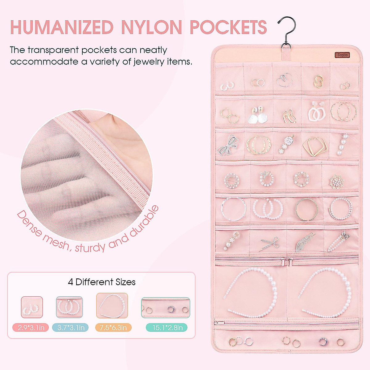 Sopito Hanging Jewelry Organizer, Foldable Jewelry Holder Organizer Dual-Sided with Hanger Metal Hooks for Necklaces Rings Earrings