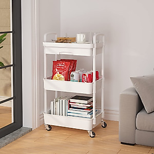 Calmootey 3-Tier Rolling Utility Cart with Drawer,Multifunctional Storage Organizer with Plastic Shelf & Metal Wheels,Storage Cart for Kitchen,Bathroom,Living Room,Office,White