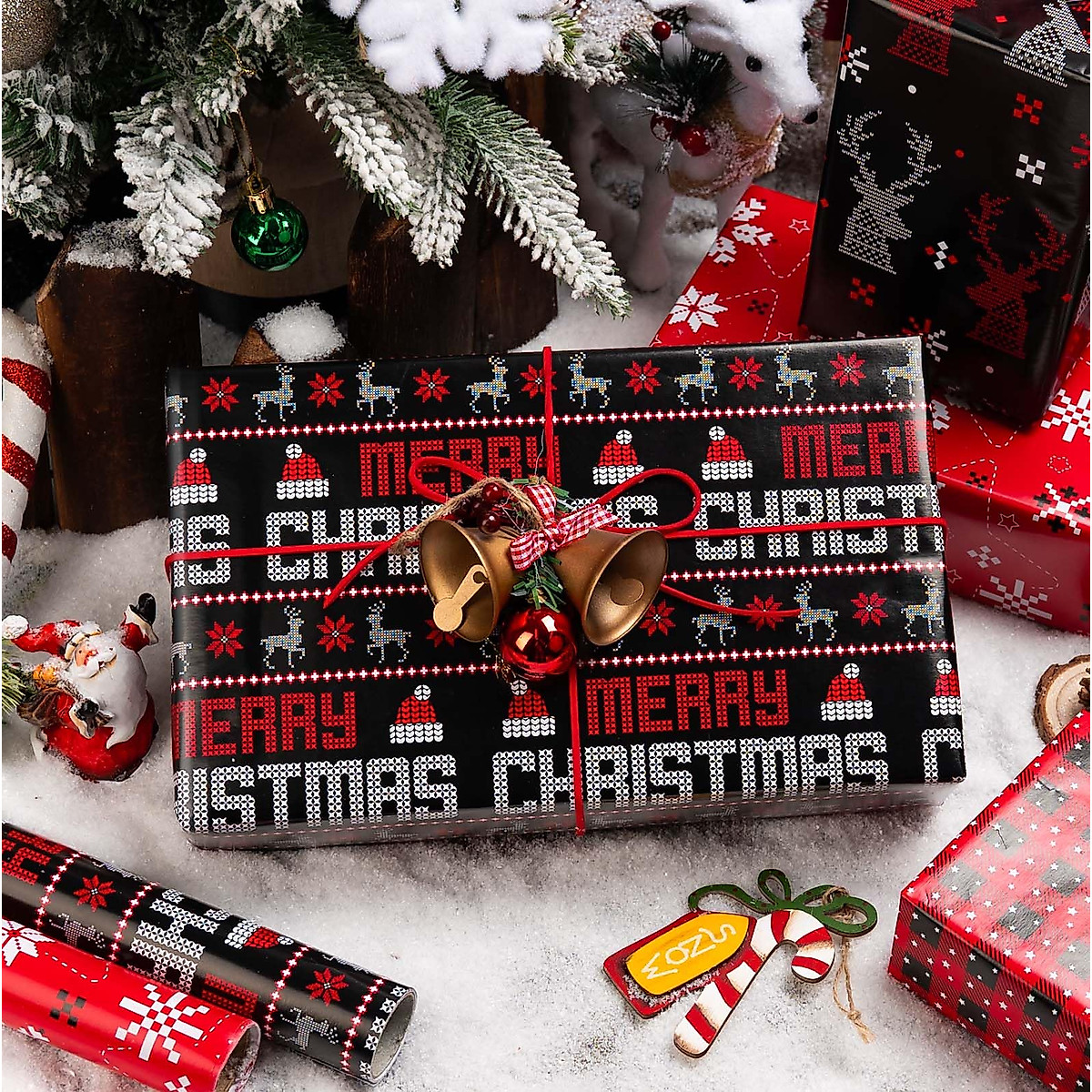 Merture Red and Black Christmas Wrapping Paper Set, Pixel Christmas Gift Paper Jumbo Roll with Reindeer, Snowflake, Christmas Text, Santa Hat, Buffalo Plaid - 4 Rolls - 30 In x 10 Ft per Roll