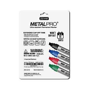 ZEYAR Permanent Markers, JUMBO Size, Aluminum Barrel, Set of 4, Waterproof & Smear Proof Markers, Writes on most surfaces (Black, Blue, Red, Green)