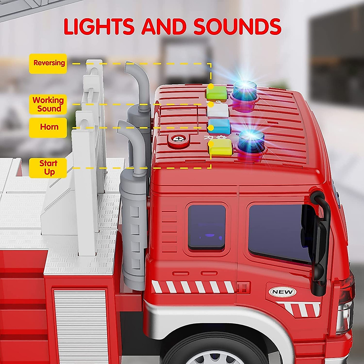 Fire Truck Toys with Siren Lights and Sounds, 1:16 Scale Fire Engine Truck for 3-5 year old Boys Extending Rescue Rotating Ladder Pull Back Toy Trucks for Kids 3 4 5 6 7 8 Years Old Birthday Xmas Gift