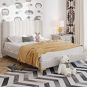 LIKIMIO Full Size Bed Frame, Platform Bed Full with Upholstered Headboard and Strong Metal/Wood Supports, Easy Assembly, Noise-Free, No Box Spring Needed, Beige