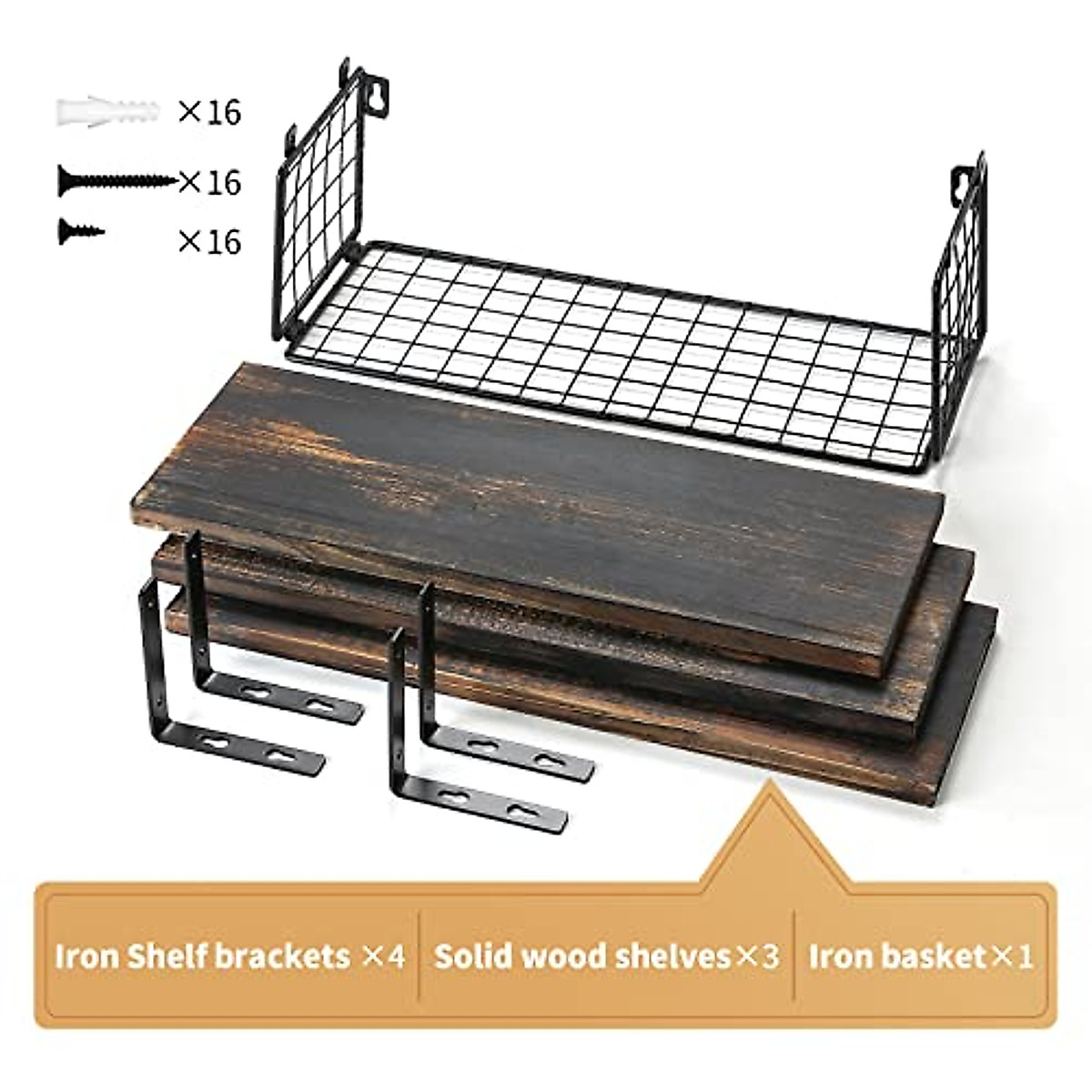 Floating Shelf ,Floating Shelves Wall Mounted Set of 3 ,Solid Wood Floating Shelves with Brackets and Basket Set,Rustic Wood Wall Shelves for Kitchen Living Room,Bedroom Shelves,Bathroom Shelf (Black)