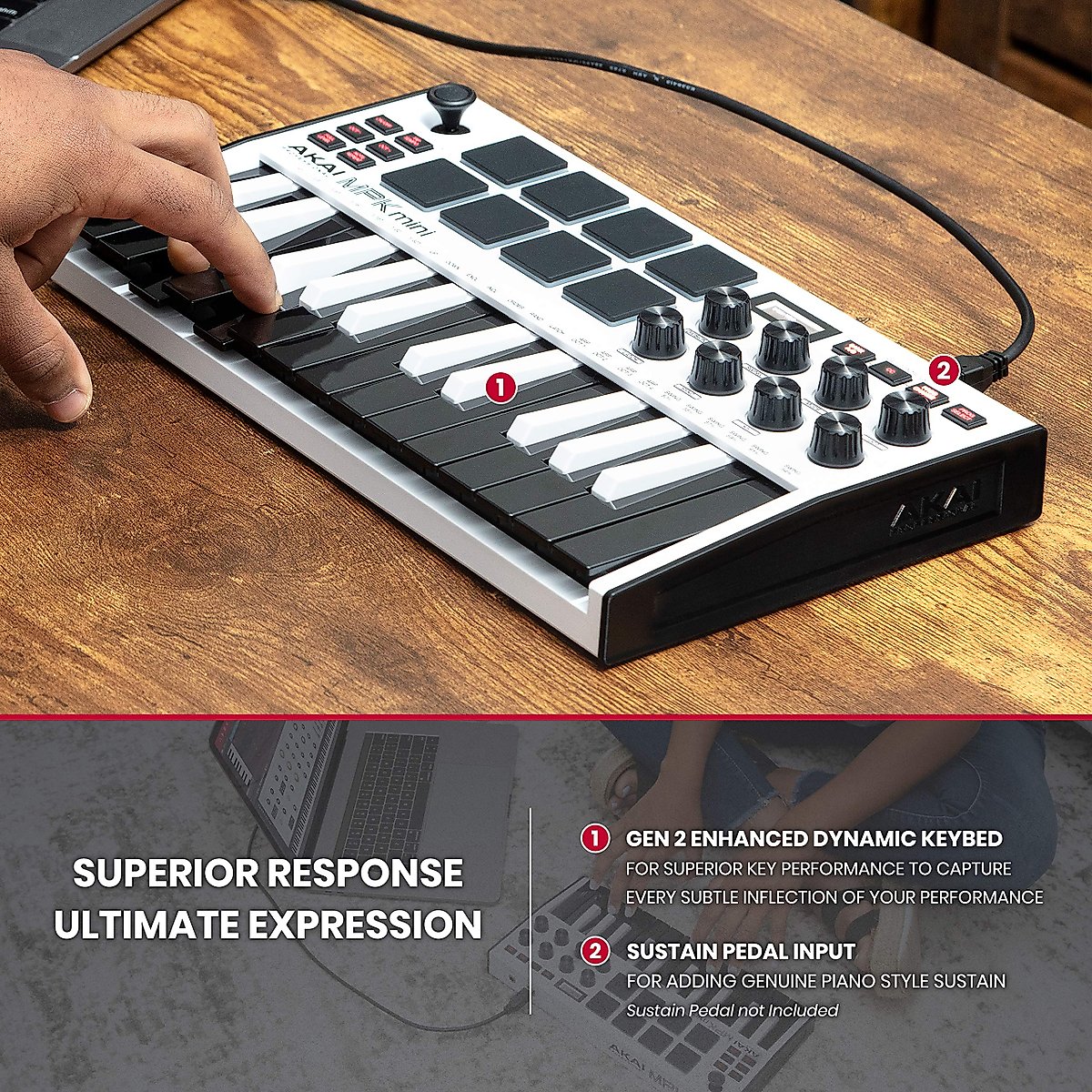 Akai MPK Mini MK3 MIDI Keyboard Controller + M-Audio SP2 Sustain Pedal, with MPC Beats and Software Suite – Beat Maker Bundle (White)
