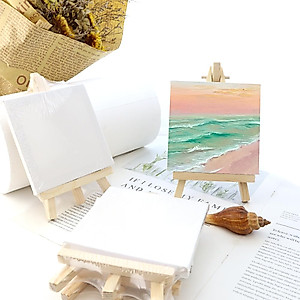 WYBG 4 Pieces Mini Canvases for Painting with Easel Set, 3x3 Inch Stretched White Blank Canvas Panels Wood Easels Small Canvas with Easel Small Canvas for Adults Kids