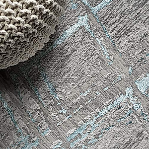 JONATHAN Y SOR201A-8 Slant Modern Abstract Indoor Area-Rug Contemporary Solid Striped Easy-Cleaning Bedroom Kitchen Living Room Non Shedding, 8 ft x 10 ft, Gray/Turquoise