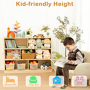 kidi house Kids Bookshelf and Toy Storage Shelf, Wooden Montessori Bookshelf, 3-Tier Toy Shelf with 7 Cubby, Classroom Furniture, Birch Children Bookcase, Book Shelf for Kids Room, Nursery, Playroom