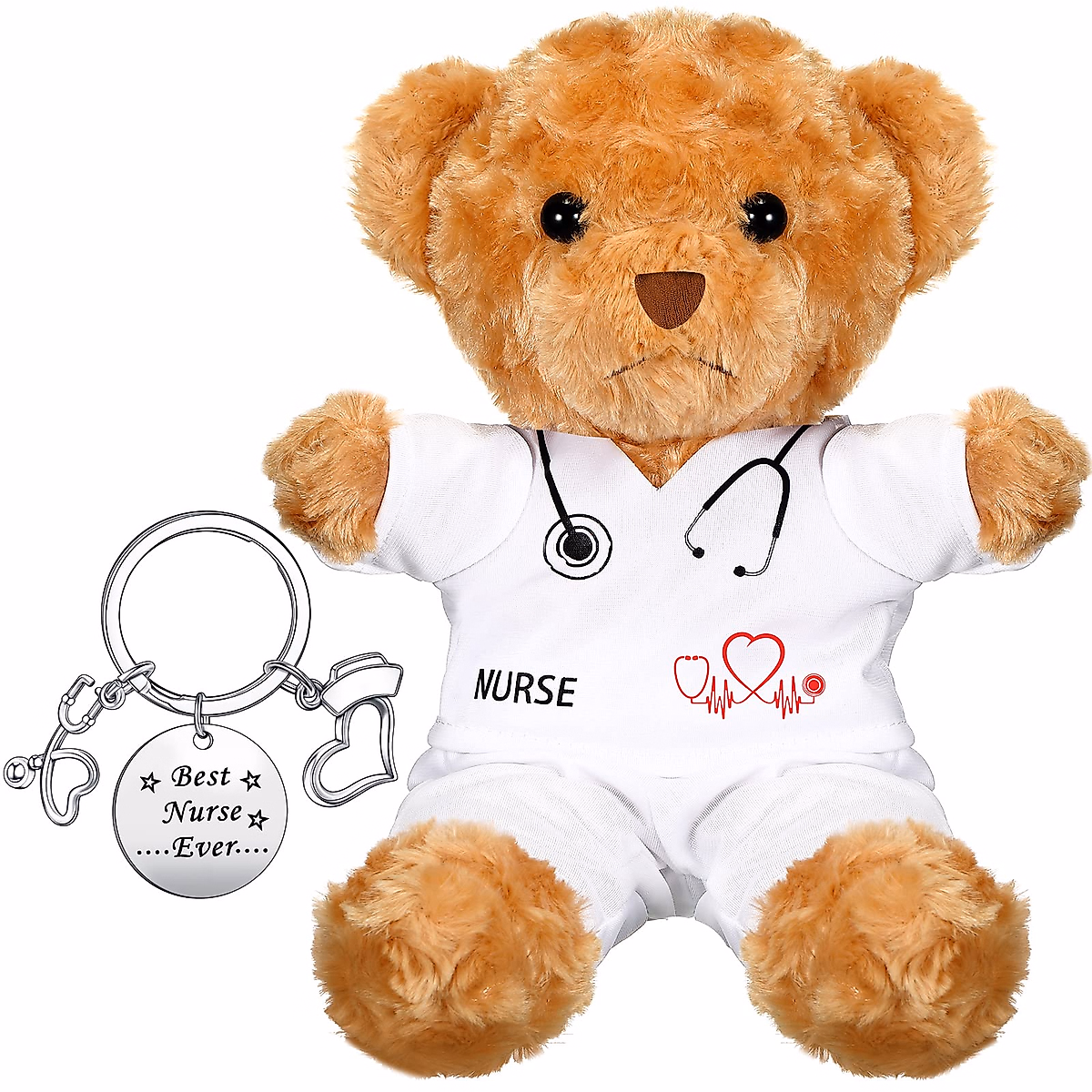 Hinly 2 Pcs Nurse Appreciation Gifts Nurse Bear Plush Toy Stuffed Animal Nurse Keychain Doctor Practitioner Graduation Gifts(White)