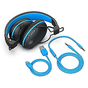 JLab JBuddies Pro Wireless Over-Ear Kids Headphones | 35+ Hour Battery Life | Built-in Volume Regulators for Safety | Share Mode | Folding | Adjustable | Noise Isolation | with Mic | Blue