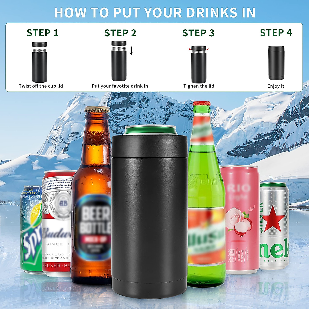 Olerd 16oz Double wall Stainless Steel Insulated Can Cooler, Bottle or Tumbler for Slim Beer & Hard Seltzer Cans, Beer Bottle Holder (BLACK)