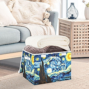 KJIZMO Starry Night Van Gogh Storage Bin with Lid and Handle, Collapsible Organizer Basket for Toys, Laundry, Closet, Bedroom - 16.5x12.6x11.8 In