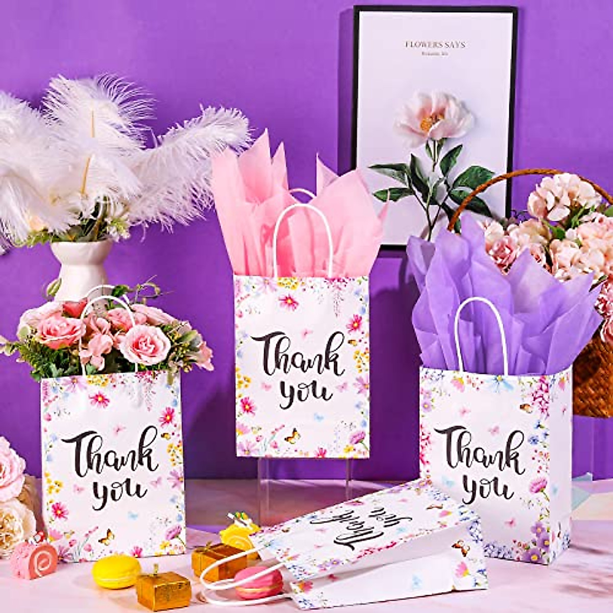 30 Pcs Thank You Gift Bags with Tissue Paper Gold Thank You Wedding Bags with Handle for Business, Shopping, Wedding, Baby Shower, Party Favors (Floral Style)