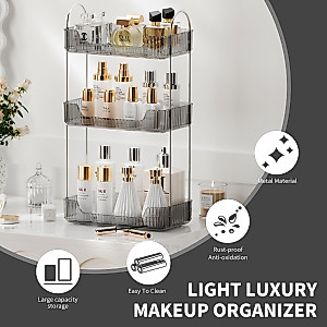 akinbas 3 Tier Bathroom Organizer Countertop Makeup Perfume Tray Skincare Organizer for Bathroom Dresser Vanity (Grey)