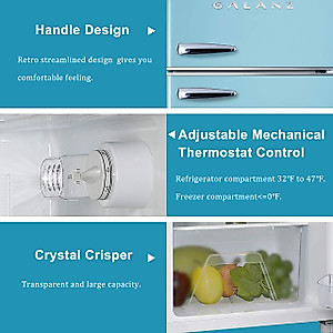 Galanz Retro Compact Refrigerator with Freezer, Mini Fridge with Dual Doors, Adjustable Mechanical Thermostat, 3.1 Cu FT, Blue