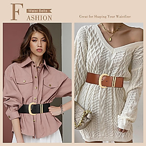 WHIPPY Women Wide Elastic Waist Belt for Dresses Fashion Gold Buckle Stretchy Leather Waistband for Ladies, Black, Fits Waist 28"-33"