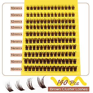 Brown Lash Clusters Individual Mixed Lengths Natural & Wispy Lash Extension DIY Brown Cluster Eyelashes 140Pcs (11C, 8-16MM)