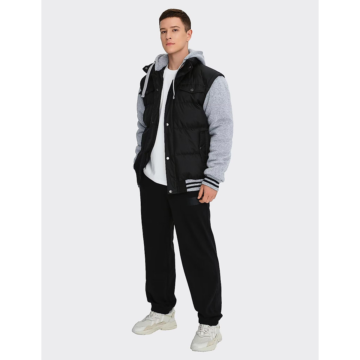 BEST SOUTH Men's Hooded Winter Coats Water Resistant Warm Thicken Insulated Full Zip Windproof Jackets with Pockets Black Grey L