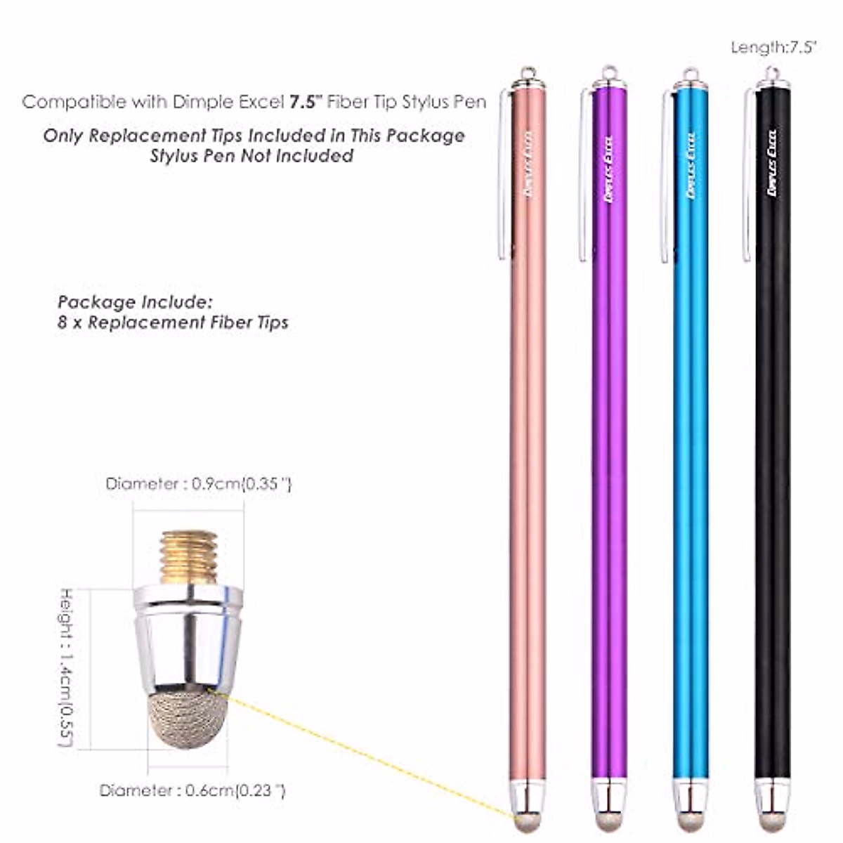 DIMPLES EXCEL Stylus Replacement Thin Fiber Tips for 7.5" Stylus Pen - 8 Pack (Replacement Tips-8 Pack)