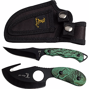 Elk Ridge-Outdoors 2-PC Fixed Blade Hunting Knife Set-Black Stainless Steel Skinner&Gut Hook Blades,Camo Coated Nylon Fiber Handles,Nylon Sheath-Hunting,Survival-ER-300CA,7-Inch/6.5-Inch Overall