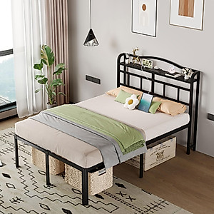 SHOANED Full Size Metal Bed Frame - 18 Inch Heavy Duty Bedframe with Headboard & Charging Station Basic Steel Slats Platform with Galaxy Aurora Projector No Box Spring Needed